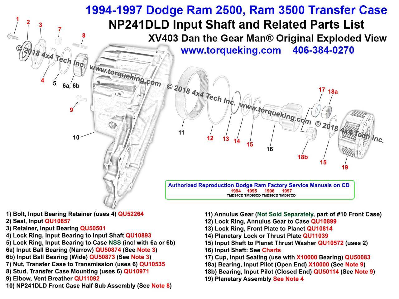 New! XV403 1994-1997 Dodge Ram NP241DLD Transfer Case Input Shaft Parts ...