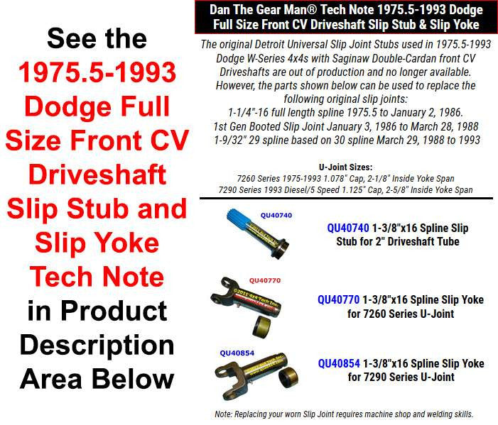 1975-1993 Dodge Full Size Front CV Driveshaft Slip Stub & Slip Yoke Se