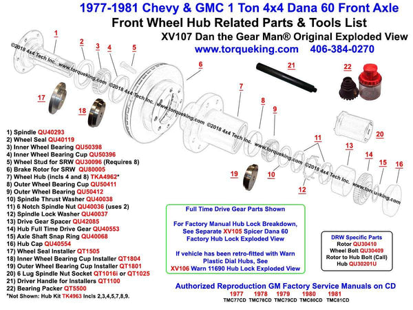 XV107 1977-1981 GM 1 Ton Dana 60 4x4 Front Wheel Hub Exploded View